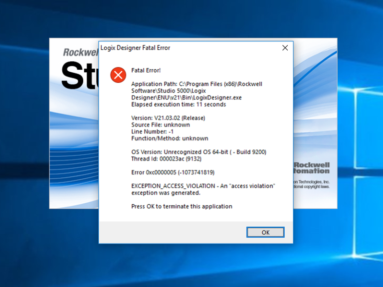Studio 5000 – Resolve Fatal Application Error Encountered | The ...